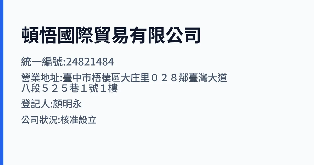 頓悟國際貿易有限公司 - 統編 24821484(臺中市) 公司登記資料與營業項目詳細圖表