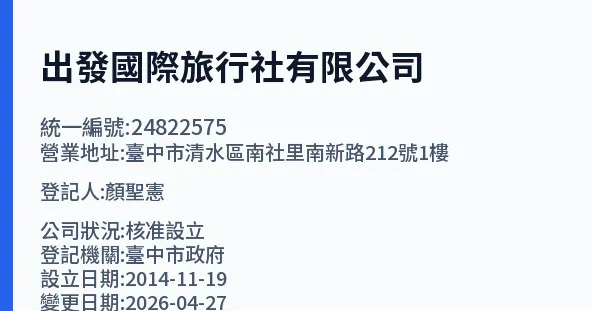 出發國際旅行社有限公司的照片-統編 24822575(臺中市) 公司登記資料與營業項目詳細圖表