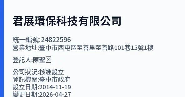 君展環保科技有限公司的照片-統編 24822596(臺中市) 公司登記資料與營業項目詳細圖表