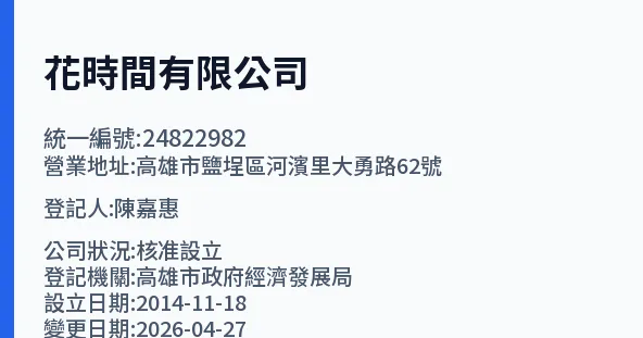 花時間有限公司的照片-統編 24822982(高雄市) 公司登記資料與營業項目詳細圖表