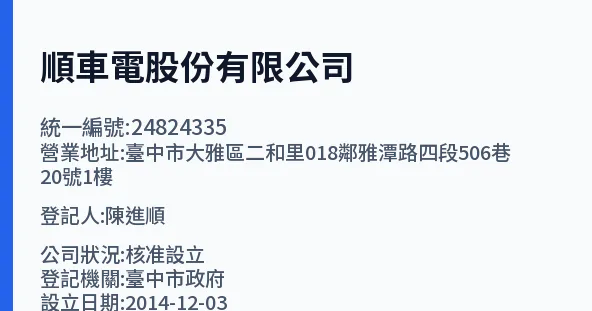 順車電股份有限公司的照片-統編 24824335(臺中市) 公司登記資料與營業項目詳細圖表