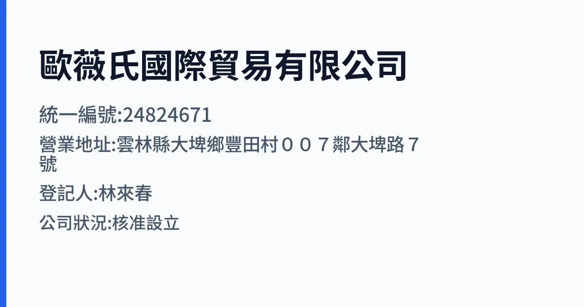 歐薇氏國際貿易有限公司 - 統編 24824671(雲林縣) 公司登記資料與營業項目詳細圖表