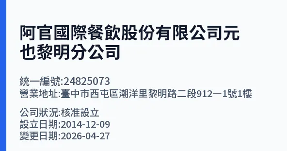 阿官國際餐飲股份有限公司元也黎明分公司的照片-統編 24825073(臺中市) 公司登記資料與營業項目詳細圖表