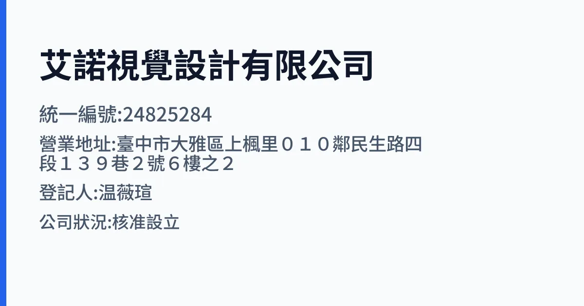 艾諾視覺設計有限公司 - 統編 24825284(臺中市) 公司登記資料與營業項目詳細圖表