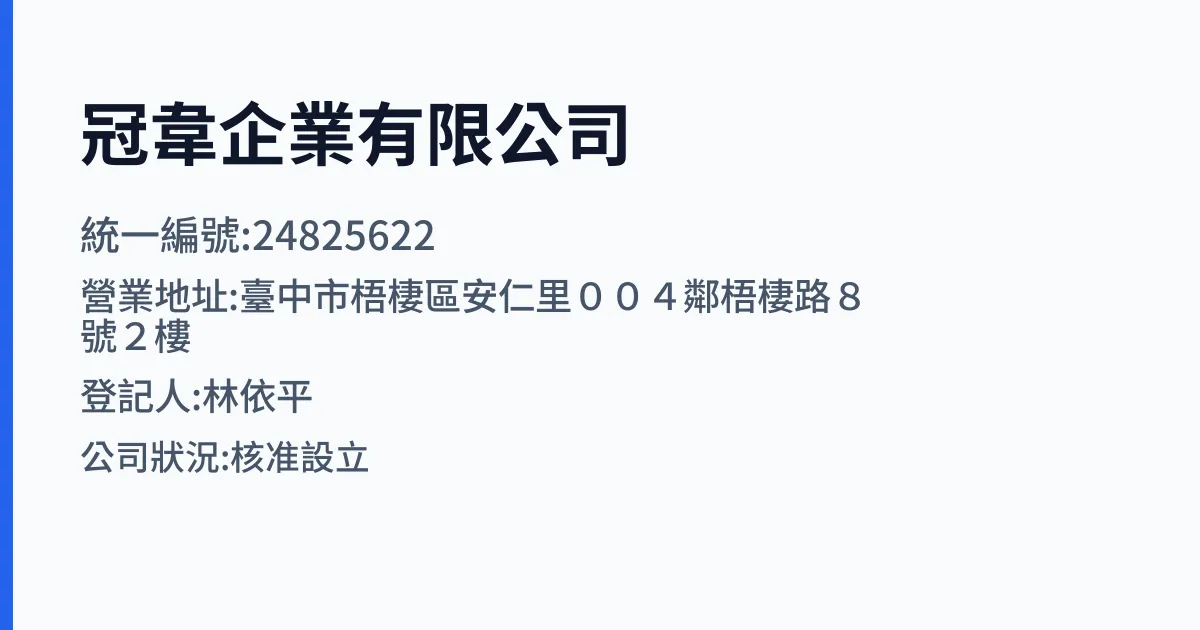 冠韋企業有限公司 - 統編 24825622（臺中市） 公司登記資料與營業項目詳細圖表