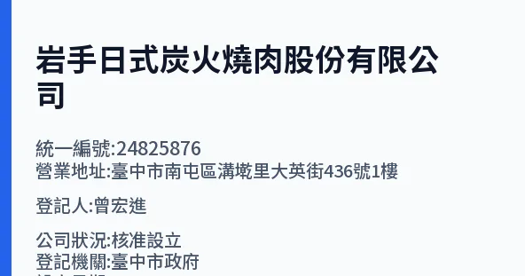岩手日式炭火燒肉股份有限公司的照片-統編 24825876(臺中市) 公司登記資料與營業項目詳細圖表