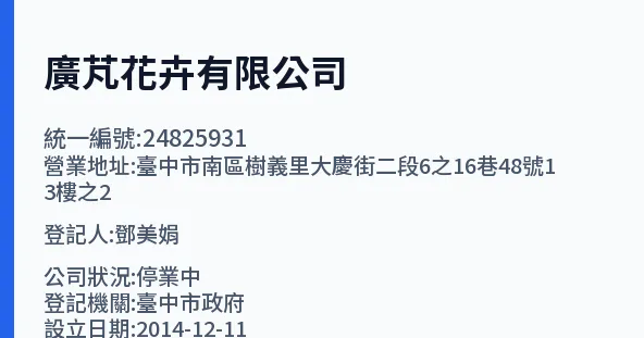 廣芃花卉有限公司的照片-統編 24825931(臺中市) 公司登記資料與營業項目詳細圖表