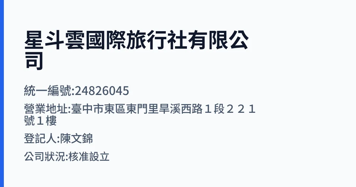 星斗雲國際旅行社有限公司 - 統編 24826045(臺中市) 公司登記資料與營業項目詳細圖表
