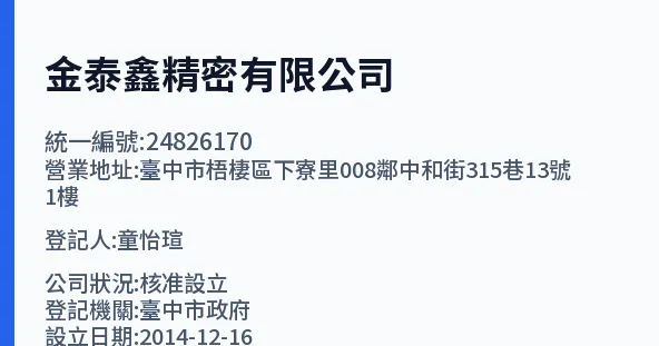 金泰鑫精密有限公司的照片-統編 24826170(臺中市) 公司登記資料與營業項目詳細圖表
