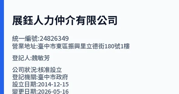 展鈺人力仲介有限公司的照片-統編 24826349(臺中市) 公司登記資料與營業項目詳細圖表
