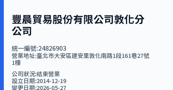 豐晨貿易股份有限公司敦化分公司的照片-統編 24826903(臺北市) 公司登記資料與營業項目詳細圖表
