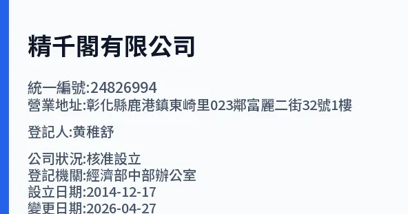 精千閣有限公司的照片-統編 24826994(彰化縣) 公司登記資料與營業項目詳細圖表