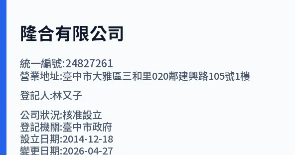 隆合有限公司的照片-統編 24827261(臺中市) 公司登記資料與營業項目詳細圖表