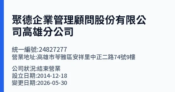 聚德企業管理顧問股份有限公司高雄分公司的照片-統編 24827277(高雄市) 公司登記資料與營業項目詳細圖表