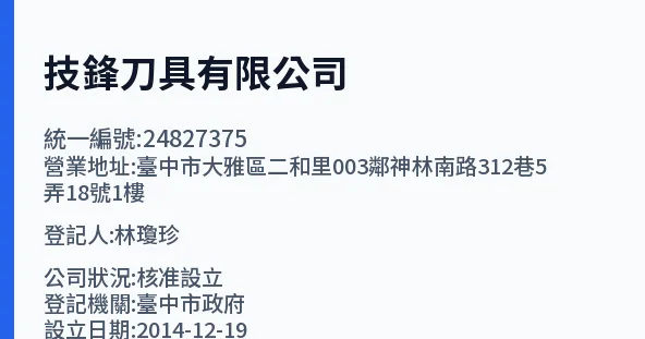 技鋒刀具有限公司的照片-統編 24827375(臺中市) 公司登記資料與營業項目詳細圖表
