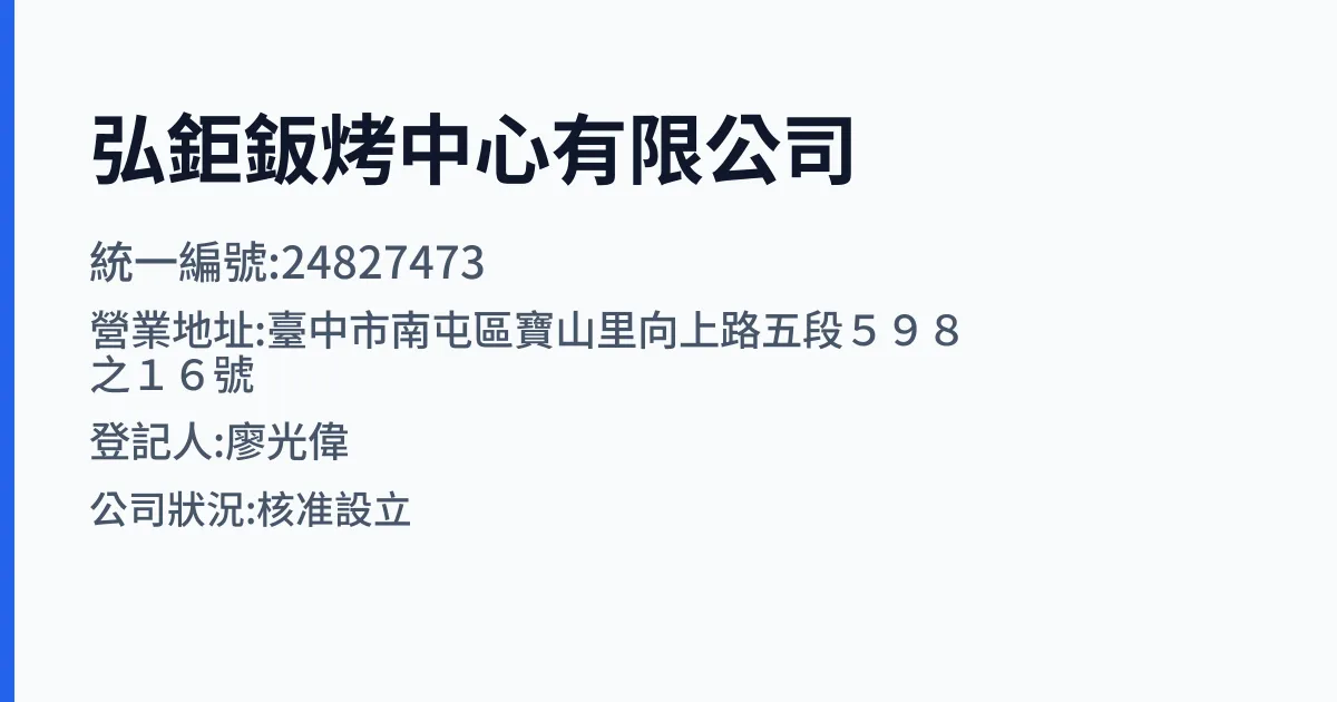 弘鉅鈑烤中心有限公司 - 統編 24827473(臺中市) 公司登記資料與營業項目詳細圖表