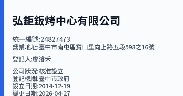 弘鉅鈑烤中心有限公司的照片-統編 24827473(臺中市) 公司登記資料與營業項目詳細圖表