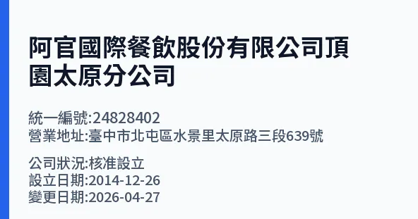 阿官國際餐飲股份有限公司頂園太原分公司的照片-統編 24828402(臺中市) 公司登記資料與營業項目詳細圖表