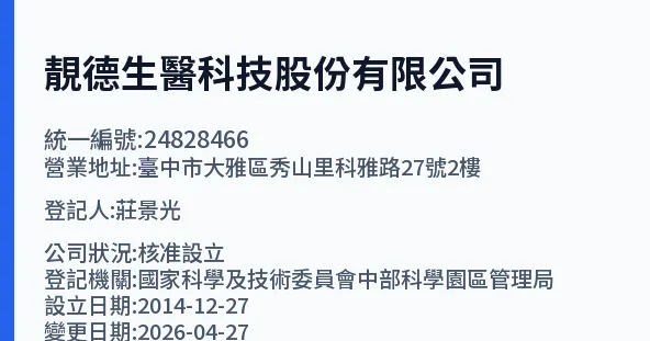 靚德生醫科技股份有限公司的照片-統編 24828466(臺中市) 公司登記資料與營業項目詳細圖表