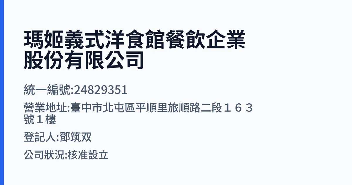 瑪姬義式洋食館餐飲企業股份有限公司 - 統編 24829351(臺中市) 公司登記資料與營業項目詳細圖表