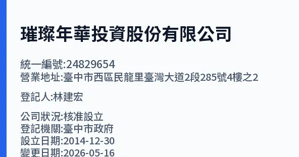 璀璨年華投資股份有限公司的照片-統編 24829654(臺中市) 公司登記資料與營業項目詳細圖表