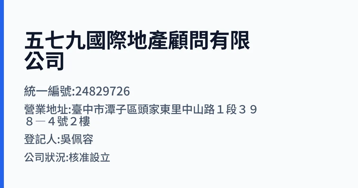 五七九國際地產顧問有限公司 - 統編 24829726(臺中市) 公司登記資料與營業項目詳細圖表