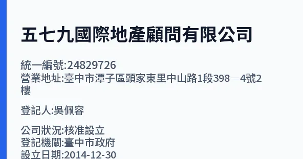 五七九國際地產顧問有限公司的照片-統編 24829726(臺中市) 公司登記資料與營業項目詳細圖表