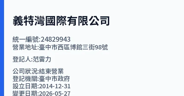 義特灣國際有限公司的照片-統編 24829943(臺中市) 公司登記資料與營業項目詳細圖表