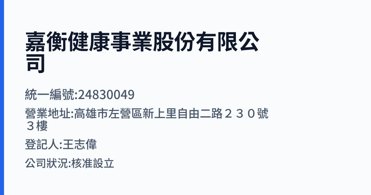 嘉衡健康事業股份有限公司 - 統編 24830049(高雄市) 公司登記資料與營業項目詳細圖表