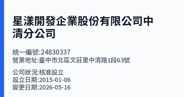 星漾開發企業股份有限公司中清分公司的照片-統編 24830337(臺中市) 公司登記資料與營業項目詳細圖表