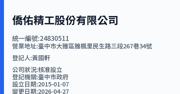 僑佑精工股份有限公司的照片-統編 24830511(臺中市) 公司登記資料與營業項目詳細圖表