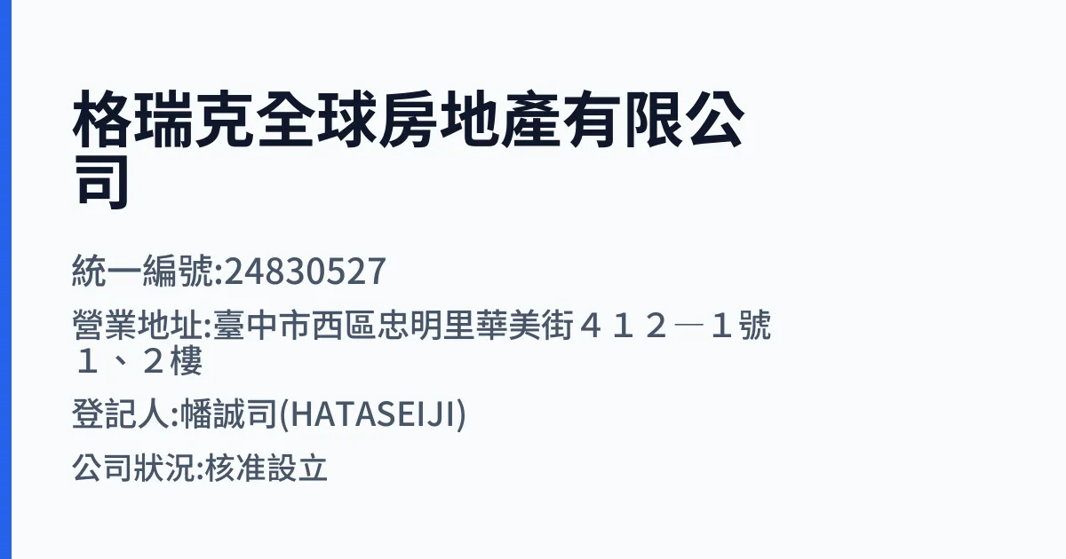 格瑞克全球房地產有限公司 - 統編 24830527(臺中市) 公司登記資料與營業項目詳細圖表