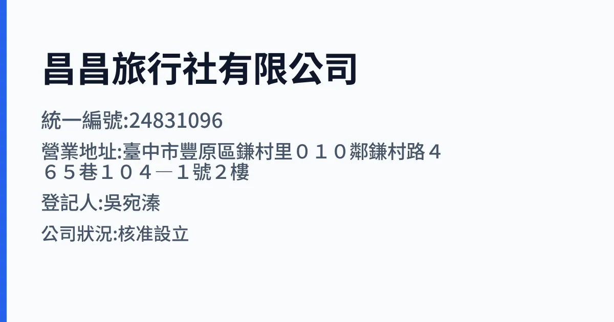 昌昌旅行社有限公司 - 統編 24831096(臺中市) 公司登記資料與營業項目詳細圖表