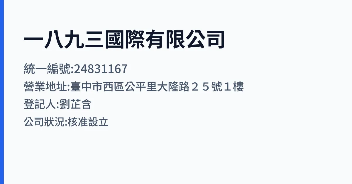 一八九三國際有限公司 - 統編 24831167(臺中市) 公司登記資料與營業項目詳細圖表