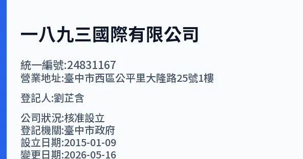一八九三國際有限公司的照片-統編 24831167(臺中市) 公司登記資料與營業項目詳細圖表