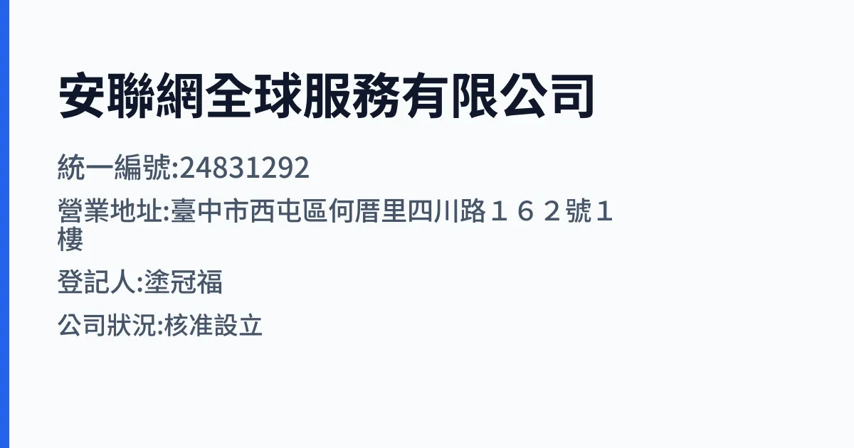 安聯網全球服務有限公司 - 統編 24831292(臺中市) 公司登記資料與營業項目詳細圖表