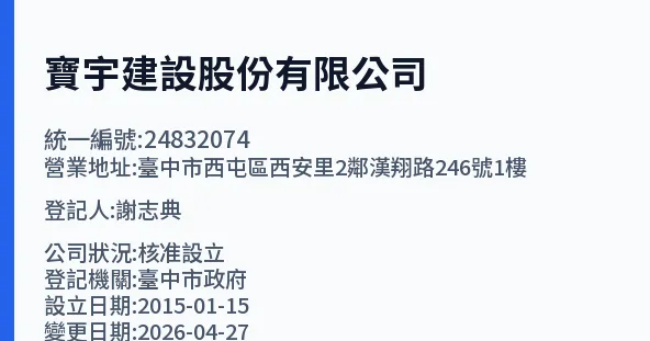 寶宇建設股份有限公司的照片-統編 24832074(臺中市) 公司登記資料與營業項目詳細圖表