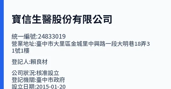 寶信生醫股份有限公司的照片-統編 24833019(臺中市) 公司登記資料與營業項目詳細圖表