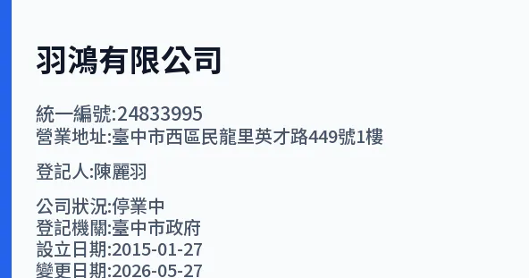 羽鴻有限公司的照片-統編 24833995(臺中市) 公司登記資料與營業項目詳細圖表