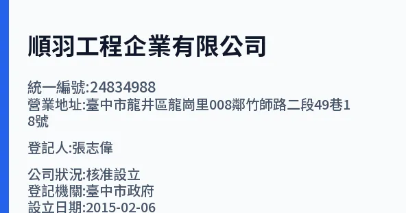 順羽工程企業有限公司的照片-統編 24834988(臺中市) 公司登記資料與營業項目詳細圖表
