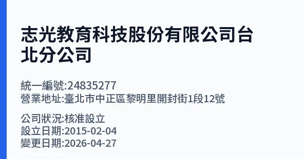 志光教育科技股份有限公司台北分公司的照片-統編 24835277(臺北市) 公司登記資料與營業項目詳細圖表