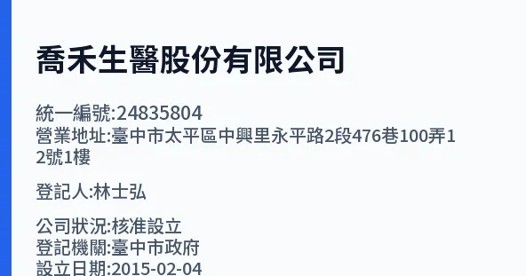 喬禾生醫股份有限公司的照片-統編 24835804(臺中市) 公司登記資料與營業項目詳細圖表