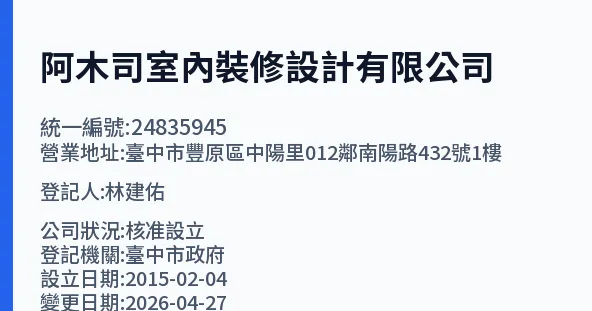 阿木司室內裝修設計有限公司的照片-統編 24835945(臺中市) 公司登記資料與營業項目詳細圖表