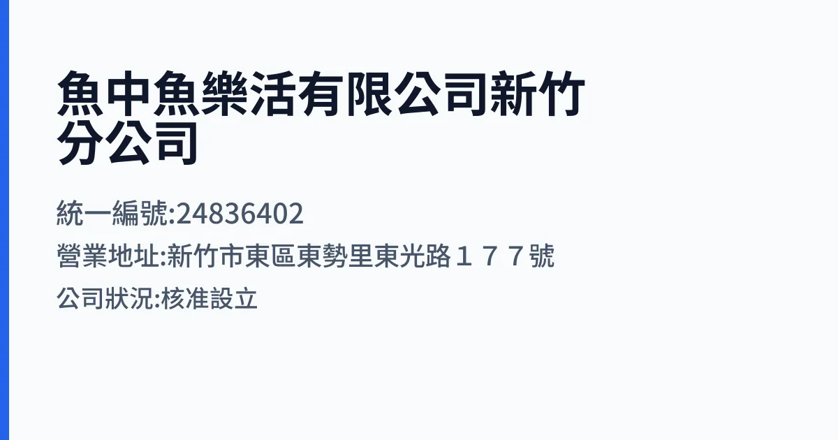 魚中魚樂活有限公司新竹分公司 - 統編 24836402(新竹市) 公司登記資料與營業項目詳細圖表