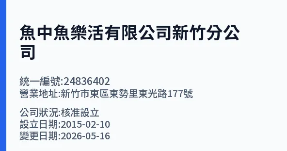 魚中魚樂活有限公司新竹分公司的照片-統編 24836402(新竹市) 公司登記資料與營業項目詳細圖表