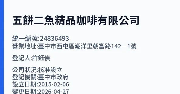 五餅二魚精品咖啡有限公司的照片-統編 24836493(臺中市) 公司登記資料與營業項目詳細圖表