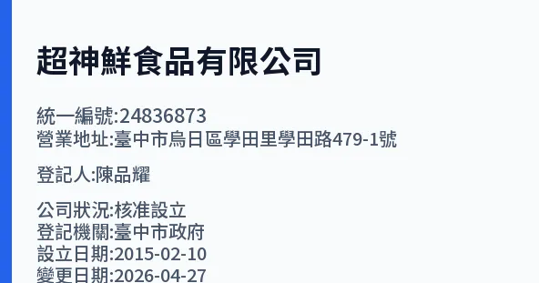 超神鮮食品有限公司的照片-統編 24836873(臺中市) 公司登記資料與營業項目詳細圖表