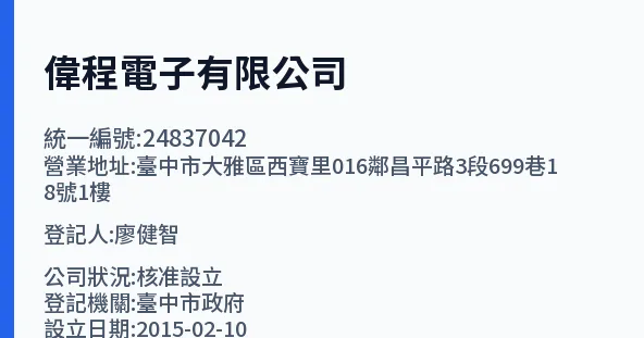 偉程電子有限公司的照片-統編 24837042(臺中市) 公司登記資料與營業項目詳細圖表