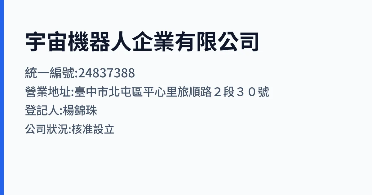 宇宙機器人企業有限公司 - 統編 24837388(臺中市) 公司登記資料與營業項目詳細圖表