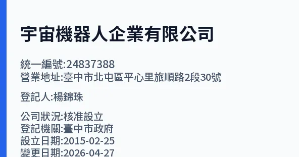 宇宙機器人企業有限公司的照片-統編 24837388(臺中市) 公司登記資料與營業項目詳細圖表